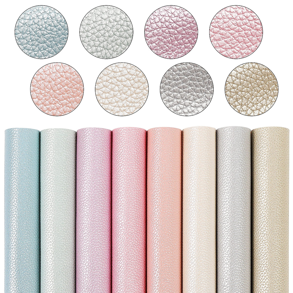 LOTOFUN Shiny Pearl Faux Leather Sheets: Soft Pearl Lustrous Textured Metallic PU Synthetic Leather Fabric 8Pcs/Set 12x8 Inch for Bows Earrings Making DIY Craft (Light Color)
