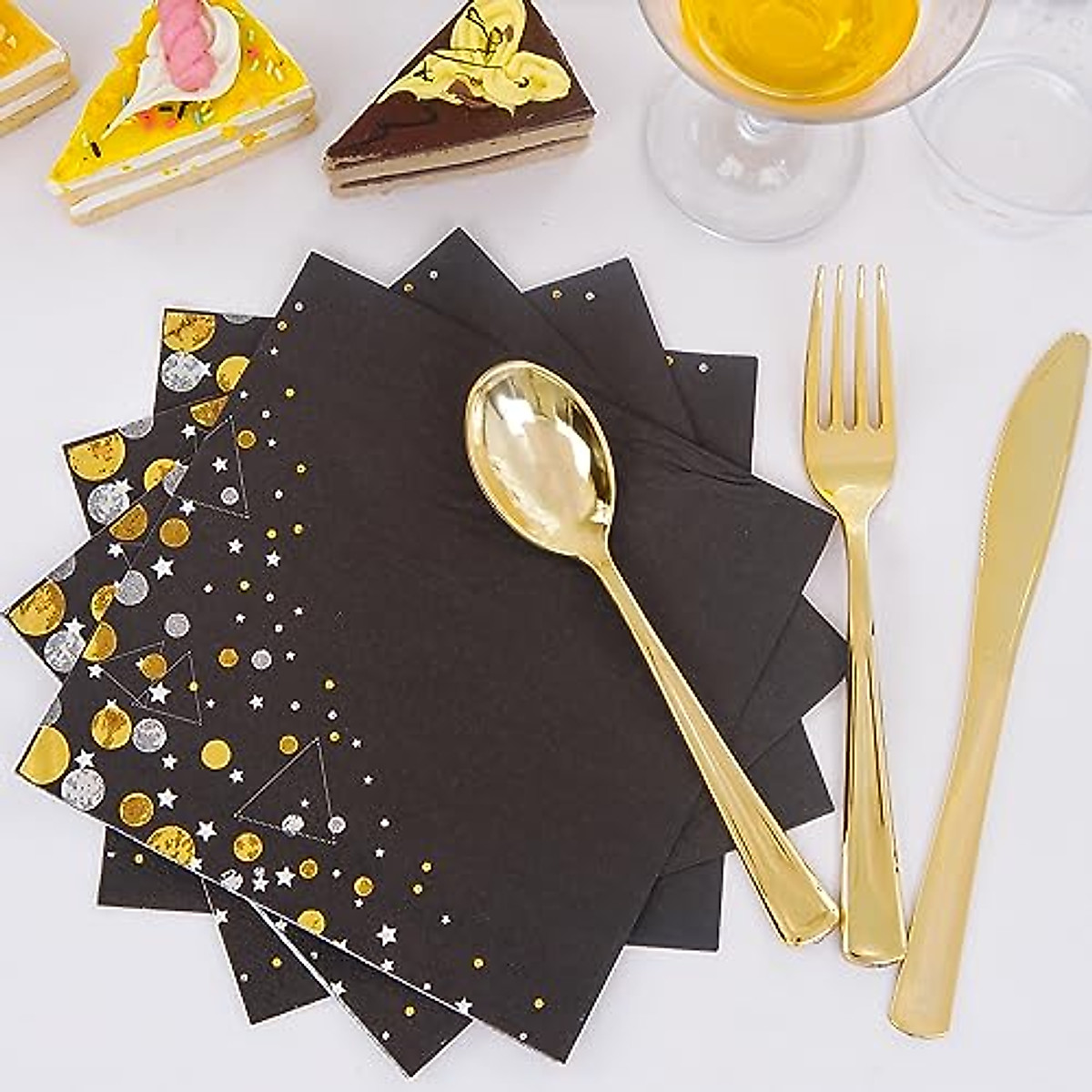 Nervure 175PCS Happy Birthday Plates - Black Plastic Plates with Gold & Silver Dot Include 25 Dinner Plates, 25 Dessert Plates, 75 Plastic Silverware, 25 Cups, 25 Napkins for Birthday & Party