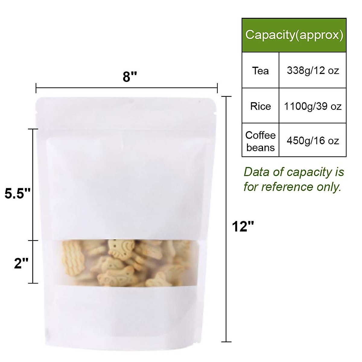 Muka 50 PCS 16 OZ White Kraft Mylar Bags Toaster Bags with Frosted Window, Heat Sealable, 8"W x 12"H x 4"D