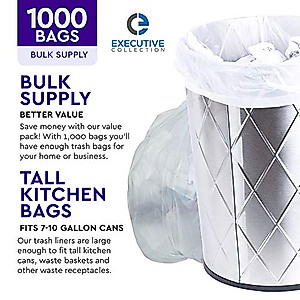 Clear 7-10 Gallon Trash Bags, 1,000 Bulk Pack - Medium Size Garbage Bin Liners for Office, Bedroom and Kitchen Wastebasket Cans - by Executive Collection