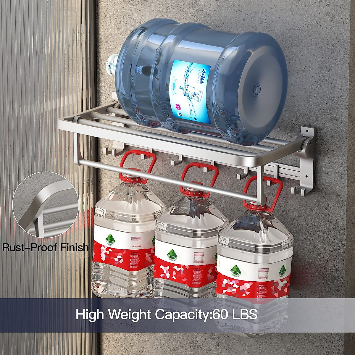 24 Inch Towel Rack with Towel Bar Holder Foldable Towel Shelf with Movable Hooks Rustproof Towel Storage Wall Mount for Bathroom Lavatory Silver