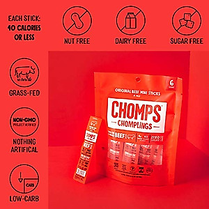 CHOMPS MINI Grass Fed Beef Jerky Meat Snack Sticks 0.5 Oz, Original Beef (Pack of 6)