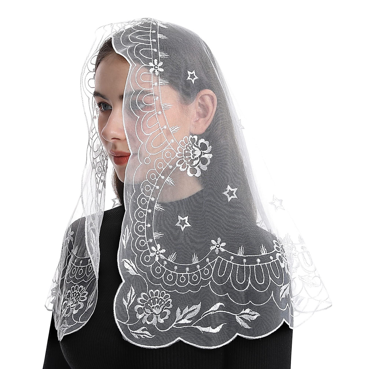 Bozidol Catholic Mantilla Chapel Veil Spanish Religious Prayer Veil Lace Church Head Covering with Hair Clips (White)