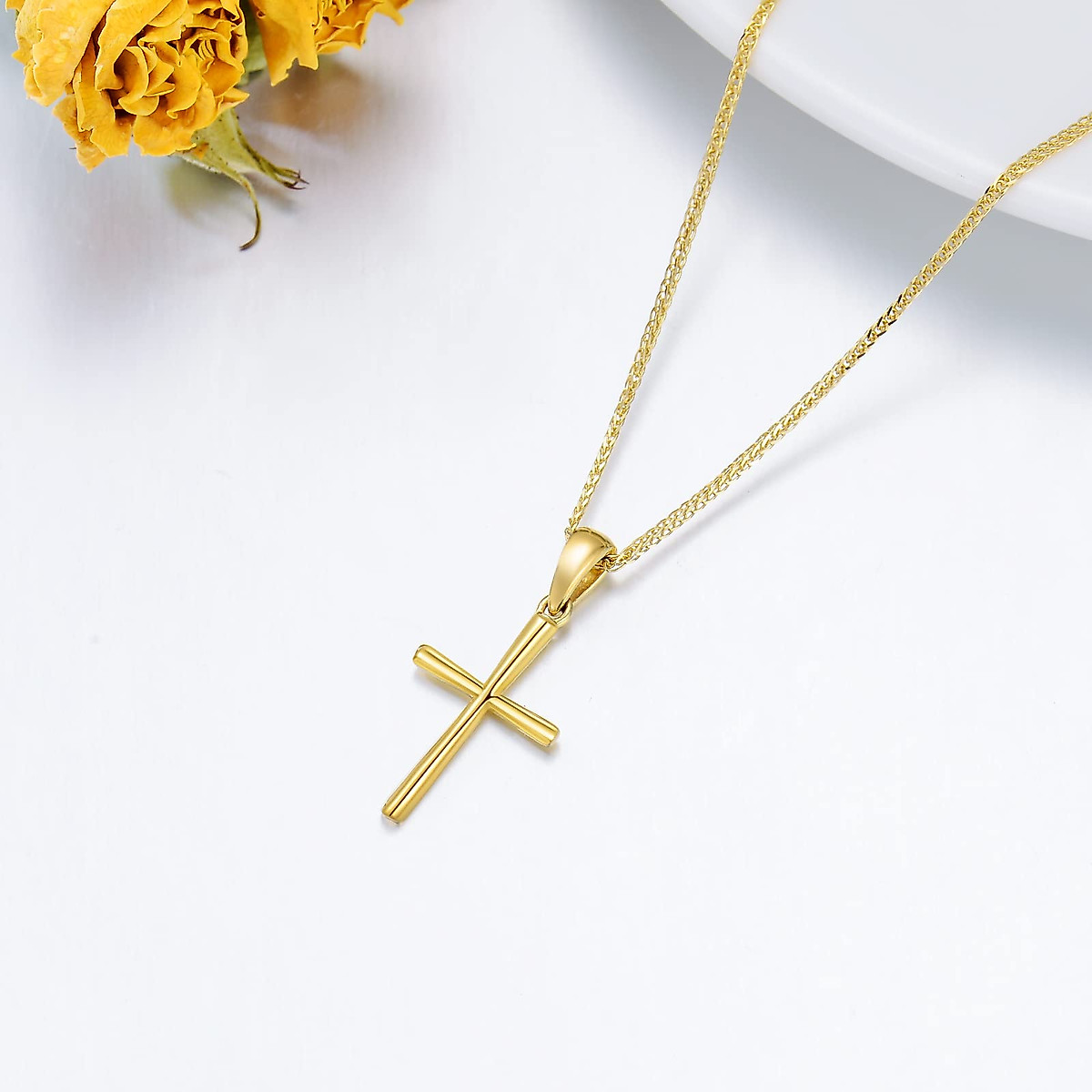 14k Gold Cross Pendant and Wheat Chain Necklace for Women, Baptism Jewelry Confirmation Gifts for Her, 18 inch