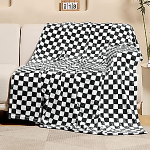 FY FIBER HOUSE Checkered Flannel Fleece Throw Blanket Queen Size Soft Cozy Checkerboard Grid Print Chessboard Gingham Pattern Blankets for Bed Couch Sofa, 90"x90", Black