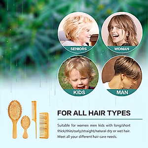 MoyRetty Bamboo Hair Brush Comb Set - Natural Wooden Hairbrush Paddle Detangling for Thick Thin Curly Straight Wavy Dry Fine Hair, Men Women and Kids, Static-Free(4 Pcs) Yellow