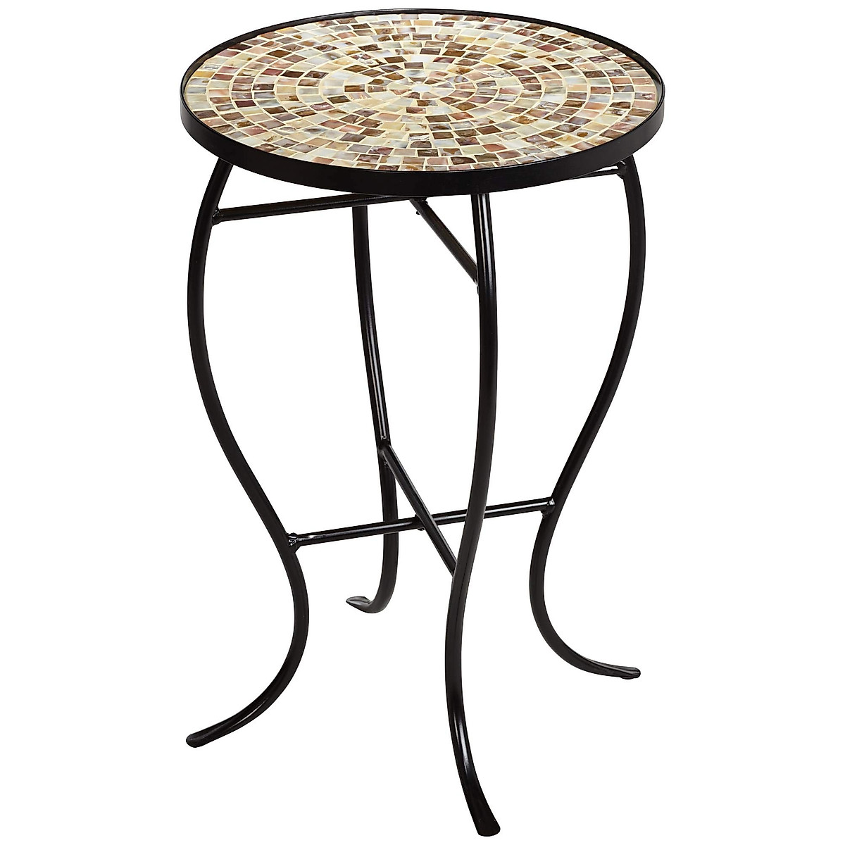 Teal Island Designs Mother of Pearl Modern Black Metal Round Outdoor Accent Side Table 14" Wide Natural Mosaic Tile Tabletop Gracefully Curved Legs for Spaces Porch Patio Home House Balcony Deck