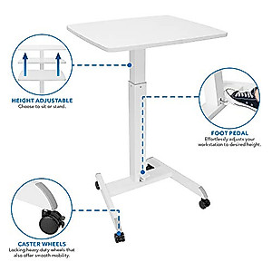 Mount-It! Adjustable Rolling Laptop Desk with Wheels [23.6" x 20.5"] Sit Stand Mobile Workstation Cart with Pneumatic Spring Lift for Height Adjustment, Rolling Computer Table, Foot Pedal (White)