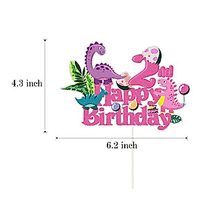 Pink Dinosaur Happy 2nd Birthday Cake Topper, Royal Princess Second Birthday Number 2 Girl Dinosaur Cake Pick,Dino Theme Baby Shower Kids Girls 2 Years Old Party Decorations