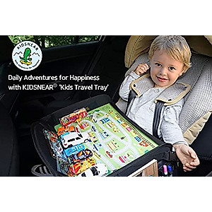 KIDSNEAR Kids Travel Tray, Car Seat Travel Tray, Toddler Travel Tray with iPad & Tablet Holder, Cup Holder, Dry Erase Board (Black)
