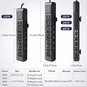 FEDOUR 100W/200W/300W PTC Aquarium Heater, Adjustable Fish Tank Heater with External Temperature Controller, Turtle Tank Heater with Detachable Protective Cover for up to 80 Gallon Tank (300W)