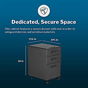 Vari File Cabinet - Three Drawer Office Filing Cabinet for Hanging File Storage - Mobile Pedestal with Heavy-Duty Steel - Storage Cabinet with Roll-and-Lock Casters & Lockable Drawers (Charcoal Grey)