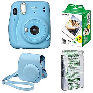 Fujifilm Instax Mini 11 Instant Camera Accessory Kit (Sky Blue) with Case, Instax Mini Film (2 Pack) and Instax Mini Sky Blue Film