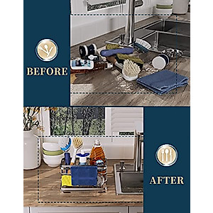 Consumest 5-in-1 Sink Caddy Kitchen Sink Organizer with Drip Tray, Multifunctional Sponge Holder for Kitchen Sink, Rustproof Stainless Steel Sink Sponge caddy for Dishcloth, Sponge, Brush - Silver