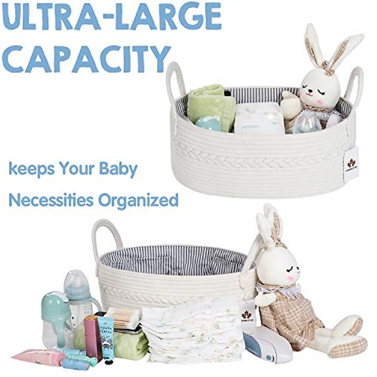 Extra Large Baby Diaper Caddy Organizer 16.5"X11"X6.5" Woven Cotton Rope Baby Shower Basket [8 Pockets+5 compartments]Nursery Storage Bin Portable Car Travel Tote Bag Newborn Registry Boy Girl