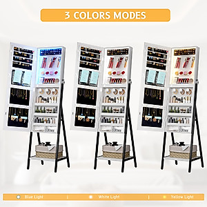 LVSOMT 3 LEDs Mirror Jewelry Cabinet, 42.5" Jewelry Mirror with Full Lenght Mirror, Standing Jewelry Mirror Armoire, Mirror with Storage for Jewelry Cosmetics, White