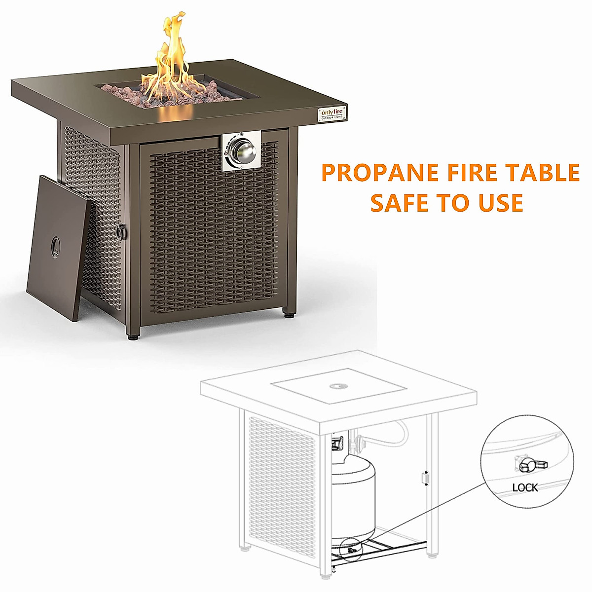Propane Fire Table, Outdoor Fire Pit Table with Lid and Lava Rock, 28" Large Fireplace with Auto-Ignition 50000 BTU, Gas Fire Pits for Patio Garden Backyard, Brown