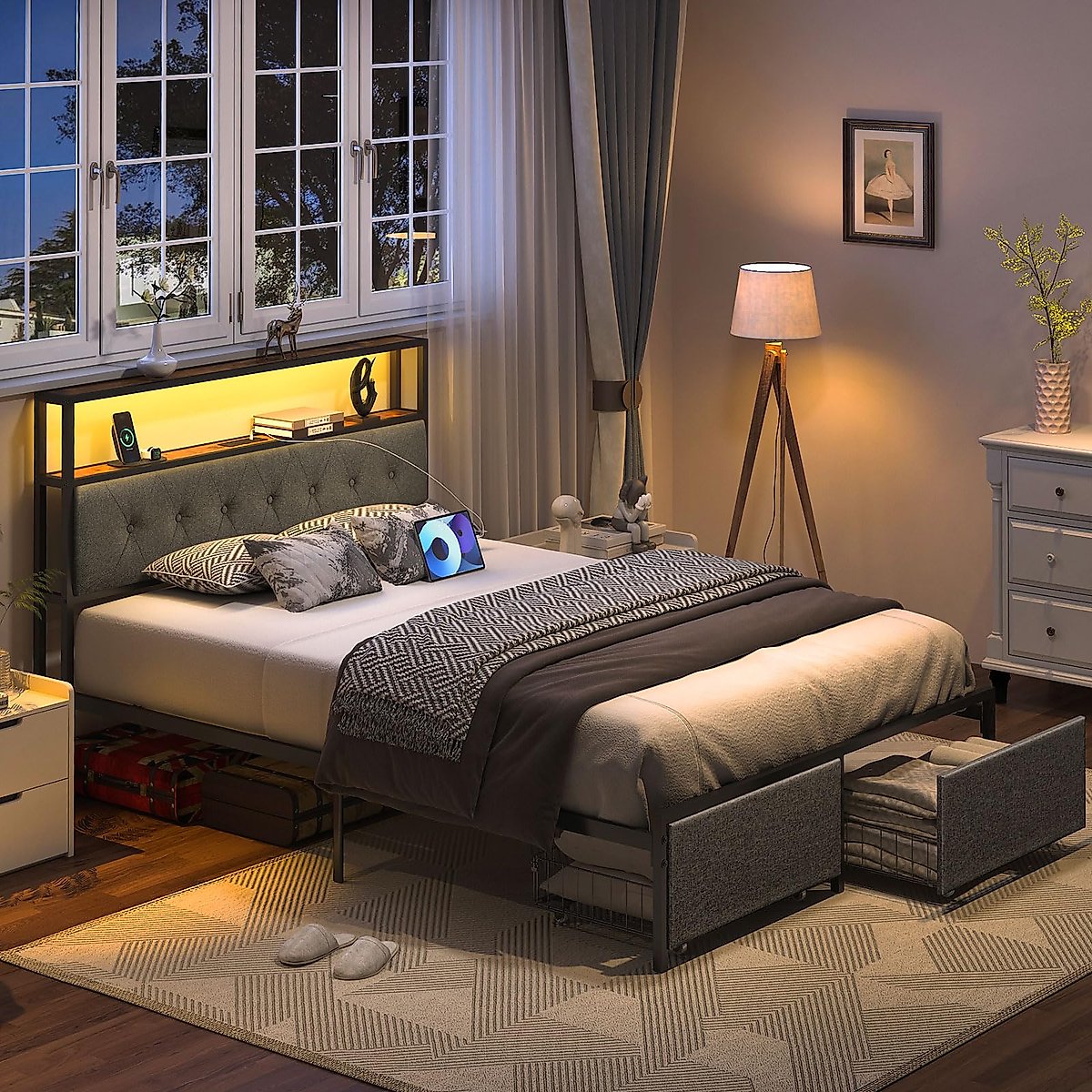 Yoobure Queen Size Bed Frame, Metal Platform Bed Frame Queen Size with Headboard, Noise Free Bed Frames with Storage Drawers, Bedframe with Charging Station LED Light, Heavy Duty, No Box Spring Needed