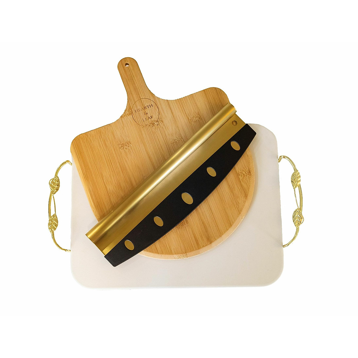 Hearth & Leaf Cordierite Pizza Stone for Oven and Grill. Including Bamboo Pizza Peel, Pizza Cutter & Gold Detachable Serving Handles - Kitchen Accessories - Baking Supplies -15 inch Large Stone