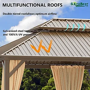 GAZEBEST 12x18 ft Hardtop Gazebo Outdoor Aluminum Patio Gazebo Double Roof Galvanized Steel Canopy with Netting and Curtains for Garden, Backyard, Deck and Lawns.