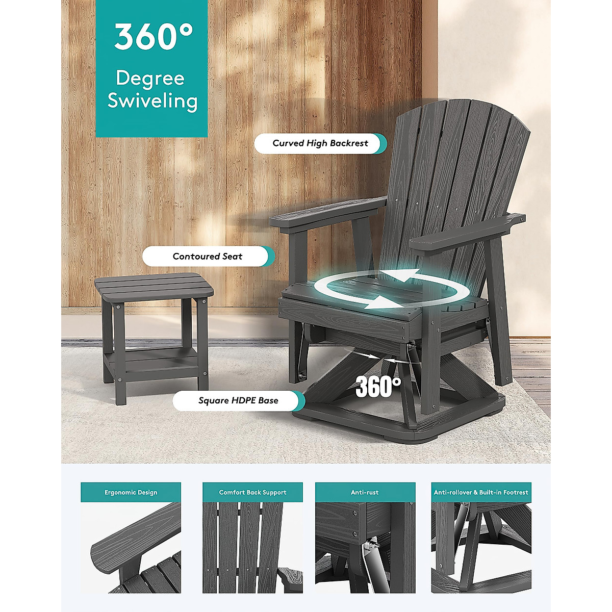 SERWALL Adirondack Swivel Glider Chair, HDPE Swivel Glider for Outdoor, All-Weather Glider Chair for Porch, Balcony, Slate Grey