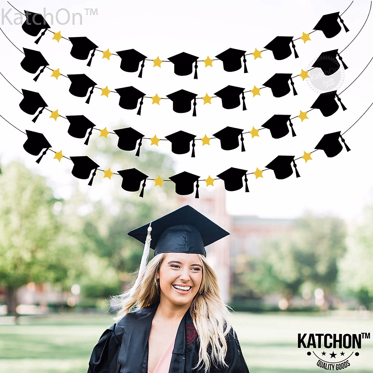 Felt, Black Graduation Cap Garland - 4 String, No DIY | Graduation Garland, Black and Gold Graduation Decorations | Graduation Banner for Graduation Party Decorations 2023 | Graduation Cap Decorations