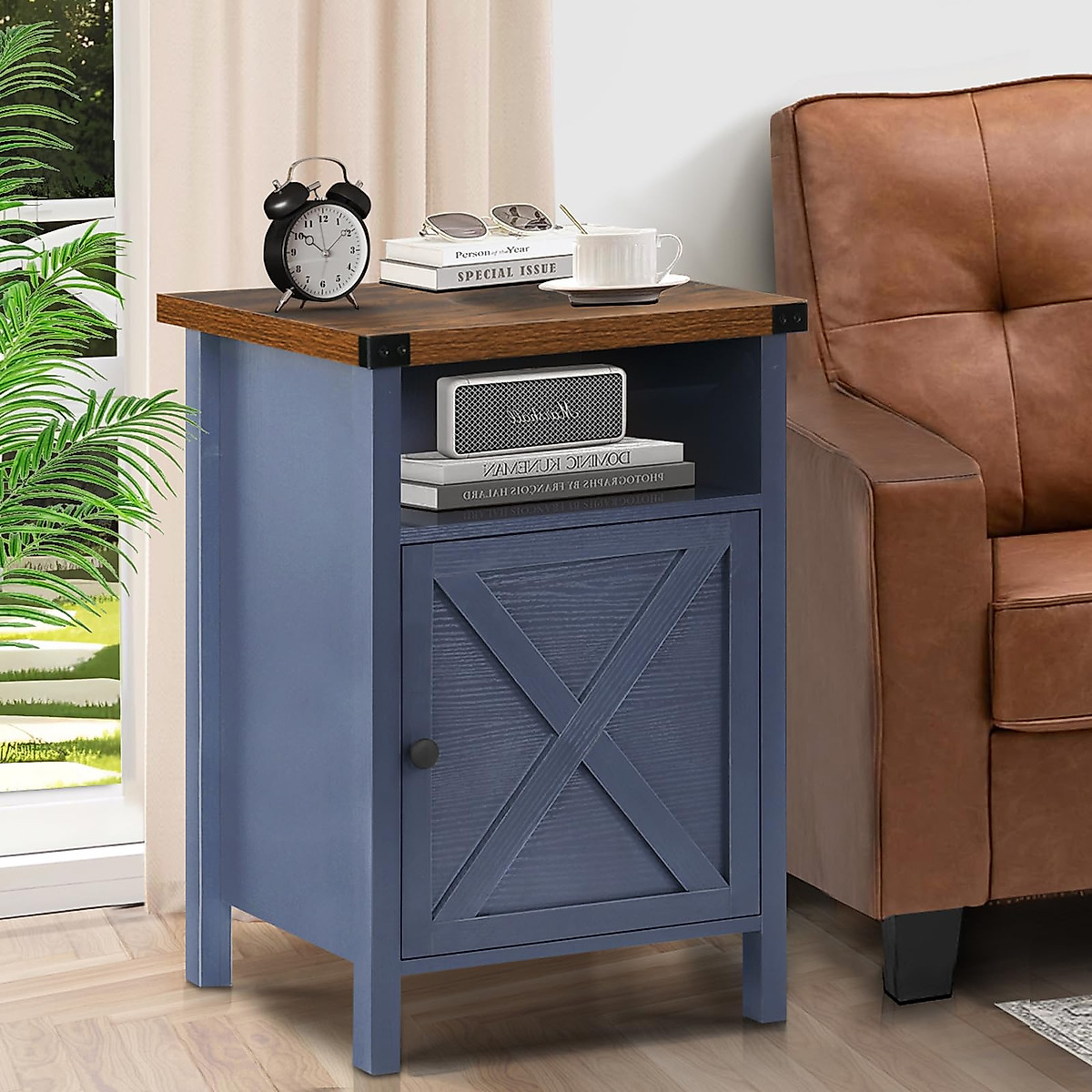 Farmhouse Nightstand, End Table, End Tables with Barn Door and Shelf, Modern Bed Side Table Rustic Nightstands Set for Bedroom, Living Room, Set of 2, Navy Blue
