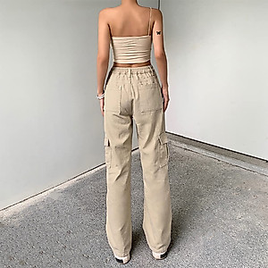 Zucige Women High Waisted Cargo Pants Y2K Baggy Stretchy Wide Leg Loose Fit Combat Military Trouser with Pocket Khaki L