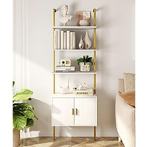 Yusong 73" Tall Bookshelf with Cabinet, Industrial Ladder Wall Mount Shelf Bookcase with Wood and Metal Frame, Plant Shelf Wall Storage Display for Living Room Bedroom, White Gold