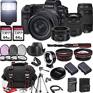 Canon EOS R Mirrorless Camera w/RF 24-105mm f/4-7.1 is STM Lens + EF 75-300mm f/4-5.6 III Lens + EF 50mm f/1.8 STM Lens + 2X 64GB Memory + Hood + Case + Filters + Tripod + More (35pc Bundle)