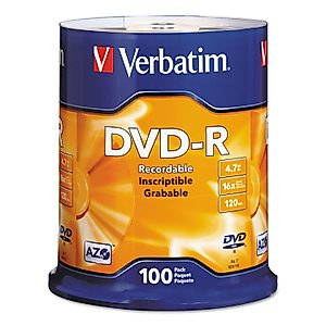 Verbatim 95102 DVD-R Discs, 4.7GB, 16x, Spindle, Silver, 100/Pack