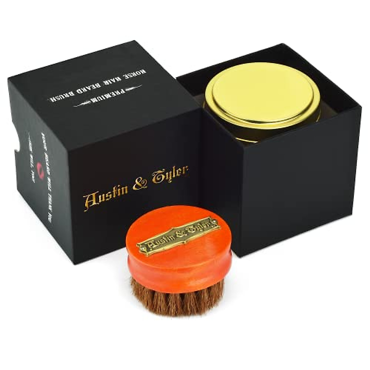 Beard Oil Brush for Men - 100% Natural Horse Hair - Gift Box - Gold Aluminum Travel Canister - Rustic Solid Maple Ergonomic Handle - Antique Bronze Metal Logo - Combs in Beard Oil, Balm, Mustache Wax