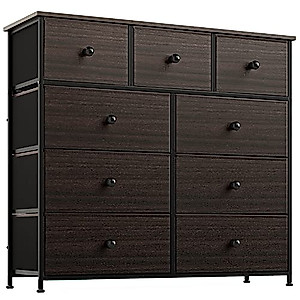 REAHOME 9 Drawer Dresser for Bedroom Faux Leather Chest of Drawers Closets Large Capacity Organizer Tower Steel Frame Wooden Top Living Room Entryway Office (Rustic Brown) RZP9B1