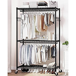 HOKEEPER Heavy Duty Wire Garment Rack Clothes Rack with Shelves and Double Rods, Rolling Clothing Rack for Hanging Clothes, Portable Freestanding Closet Storage Shelves Rack with Wheels and Hooks