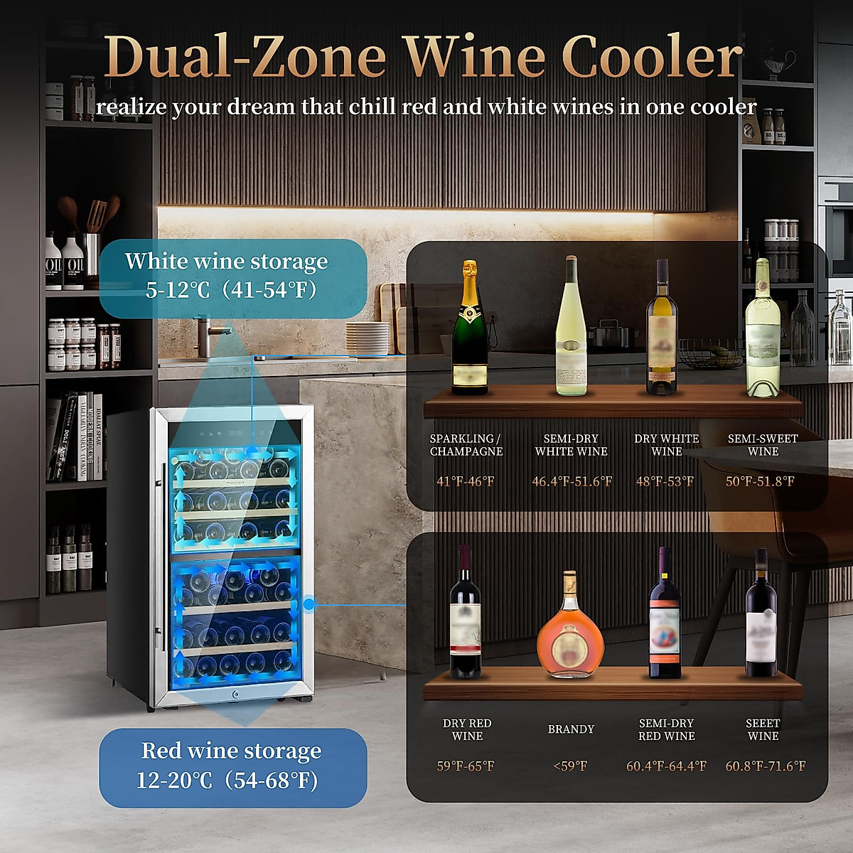 FOVOMI Wine Refrigerators,52-bottle Wine Fridge Cooler Freestanding Wine Refrigerator,(Bordeaux 750ml) Dual Zone Compressor Wine Cellars Chiller