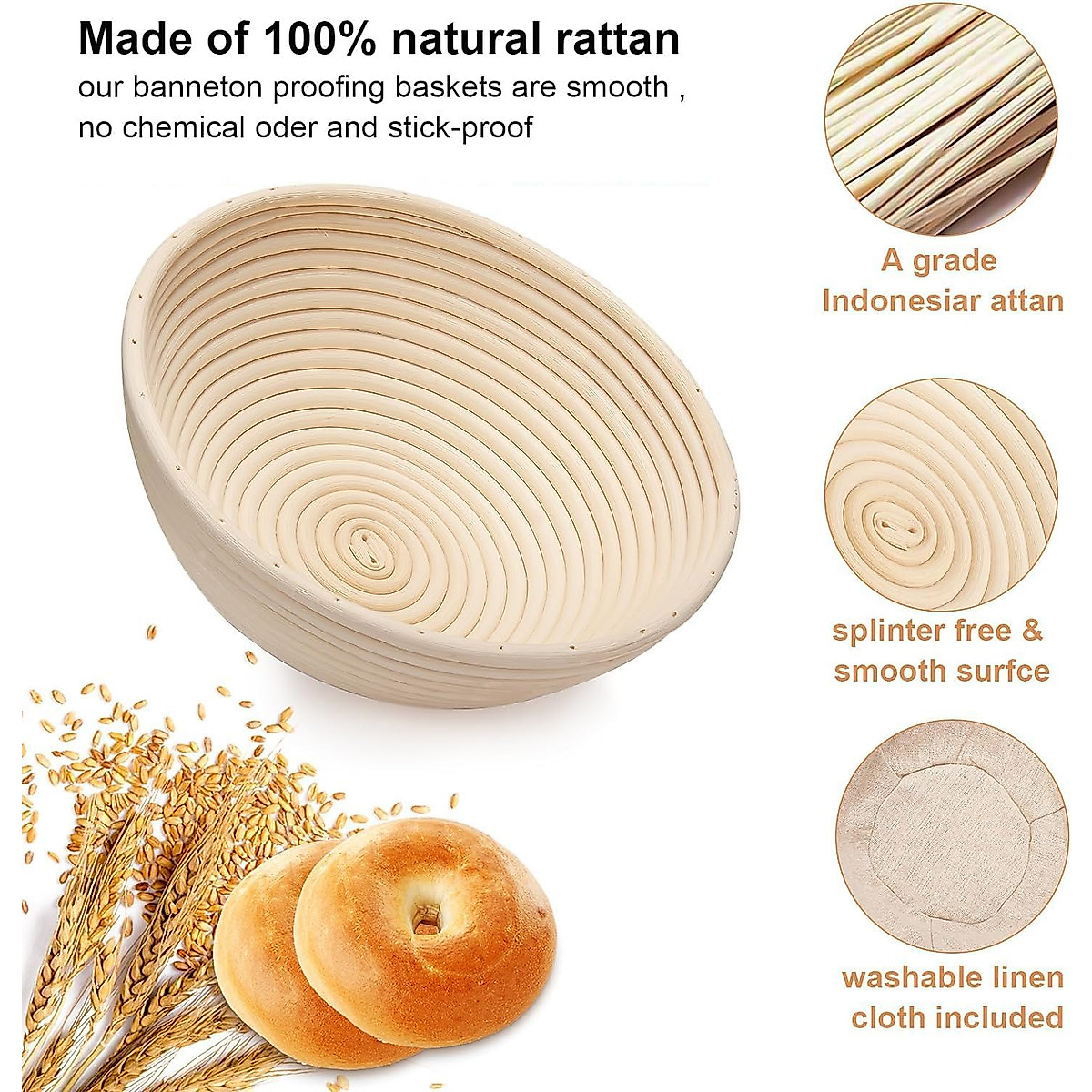HOMEDISIAC Banneton Bread Proofing Basket Set, 9 Inch Round & 10 Inch Oval, Natural Rattan Material, Ideal for Sourdough Bread Baking, Includes Linen Liner and Dough Scraper, Great Gift Idea