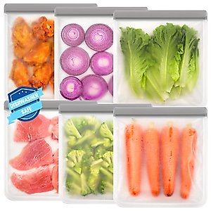 FUNFERY Reusable Gallon Freezer Bags Zipper,6 Pack Gallon Reusable Food Storage Bags,BPA Free Silicone Bags for Meat,Leakproof Reusable Plastic Storage Bags for Lunch Food Travel Home Organization