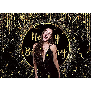 Maijoeyy 7x5ft Black Gold Happy Birthday Backdrop Golden Sparkle Shining Dots Photography Background Glitter Bokeh Sequin Spots Backdrop for Women Men Birthday Party Decoration Banner