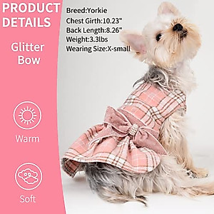 Winter Dog Dress for Small Dogs Girl, Pink Plaid Dog Dresses Winter Warm Fleece Lining Female Small Dog Clothes, Pet Outfits Coat, Cat Apparel for Holiday,Christmas,Small,Yikeyo