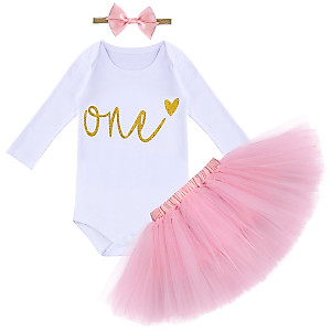ODASDO It’s My 1st Birthday Baby Girl Cake Smash Outfit Cotton Long Sleeve Romper Bodysuit + Princess Tutu Tulle Party Skirt + Shiny Sequins Bowknot Headband 3pcs Clothes Set Photo Props Light Pink