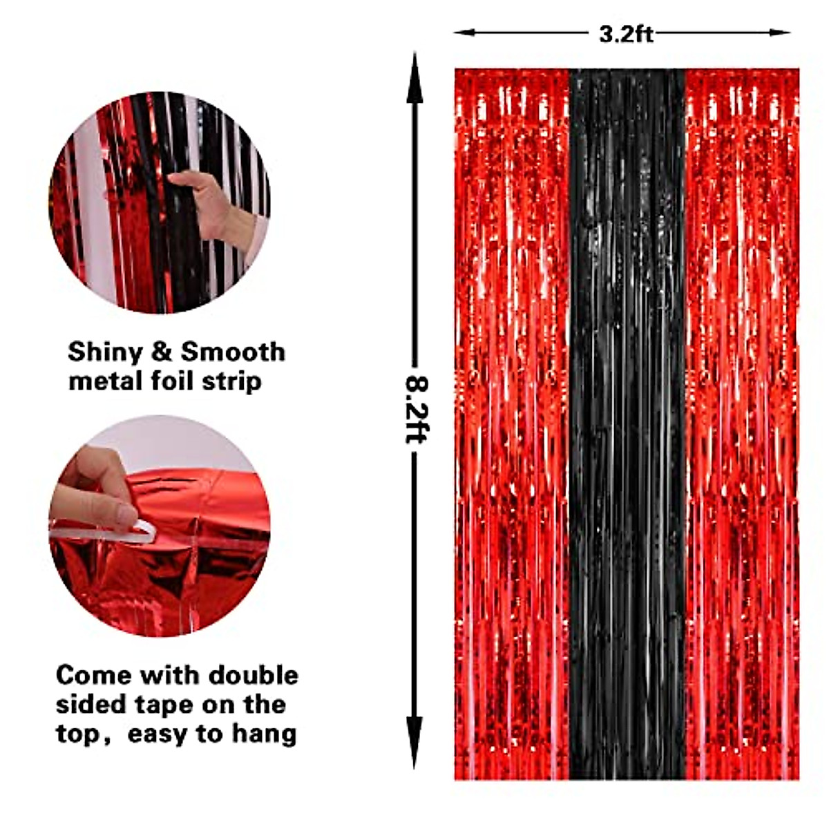 PIGETALE, 2 Pack 3.2x8.2 Feet Black and Red Foil Fringe Curtains Party Decorations, Tinsel Curtain Backdrop Streamers for Birthday Graduation Fiesta Stranger Theme Halloween Christmas Party Supplies