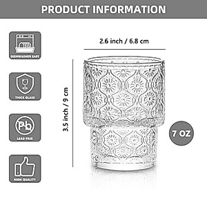 Glass Cups Vintage Glassware | Set of 4 Small, Embossed Stackable Pattern Style Transparent Cocktail Glasses Set, Ice Coffee Cup Juice Drinkware, Clear, 190ml (S)