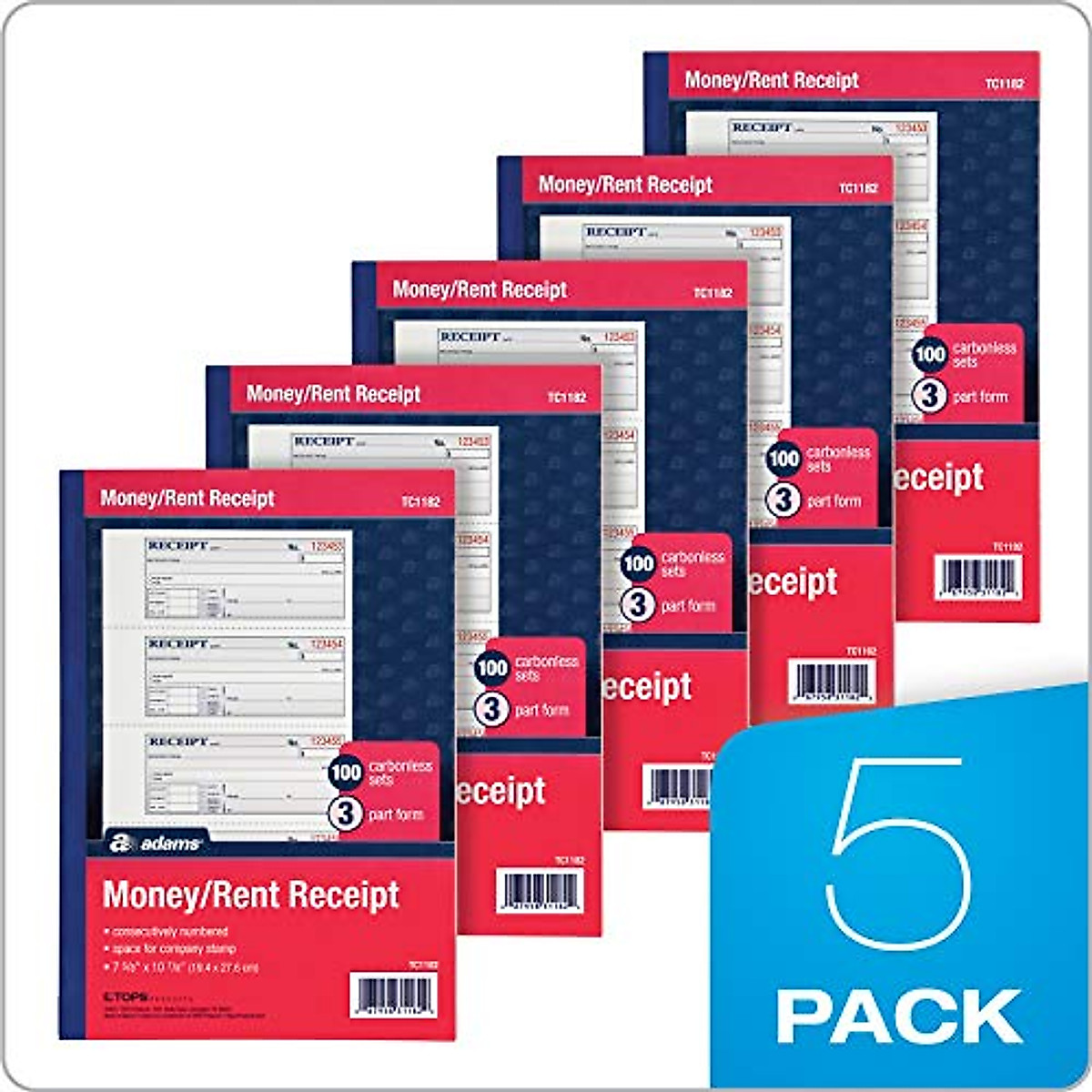 Adams Money and Rent Receipt Books, 3-Part Carbonless, 7-5/8" x 10-7/8", Bound Wraparound Cover, 100 Sets per Book, 4 Receipts per Page, 5 Books per Pack (TC1182-5)