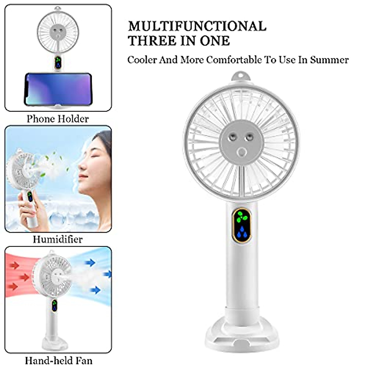 Handheld Spray Fan, HMCOF Portable Fan Rechargeable, USB Personal Fan with Mobile Phone Holder, 2000mAh 3-Speed Adjustable Cooling Spray Humidifier Suitable for Indoor and Outdoor Use