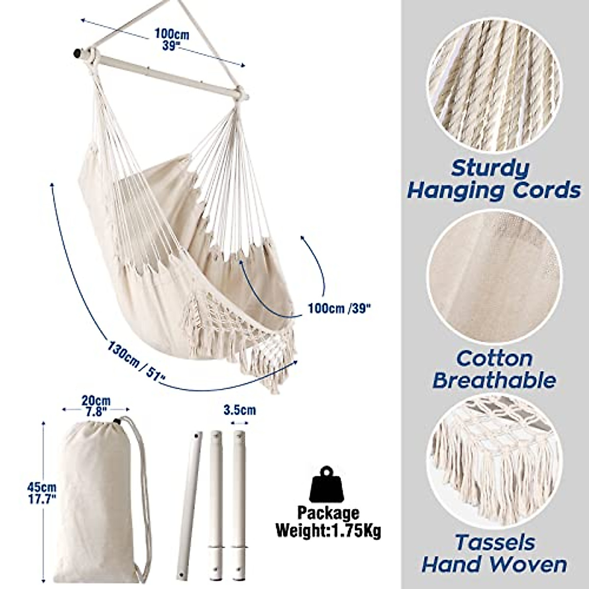 Chihee Hammock Chair Relax Hanging Chair Cotton Woven Soft Seat for Superior Comfort Durability Elegant Tassels Creative Metal Strong Spreader Bar 3-Section Combination Detachable Easy to Install
