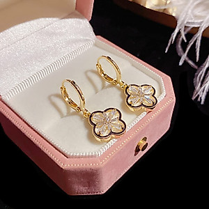 Four Leaf Clover Crystal Flower Statement Small Hoop Earring for Women Gold Plated Tiny Huggie Cubic Zirconia Dangle Drop Mini Hoop Earring Ear Cuff Pierced Jewelry Gift for Valentine's Day Birthday