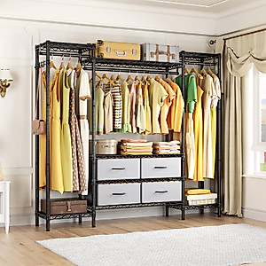 Large Garment Rack Heavy Duty Clothes Rack,Freestanding Closet Portable Clothing Rack with 8 Adjustable Wire Shelves,3 Hang Rods,4 Fabric Drawers,2 Hooks,Metal Closet Storage Wardrobe,MaxLoad 900lbs