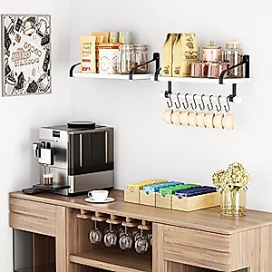 Love-KANKEI Floating Shelves for Coffee Bar,Bathroom Shelves with Wood Bar, Wall Shelves with 8 Hooks for Kitchen, 17.3 Inch Storage Shelves Set of 2 for Bedroom,Living Room，White