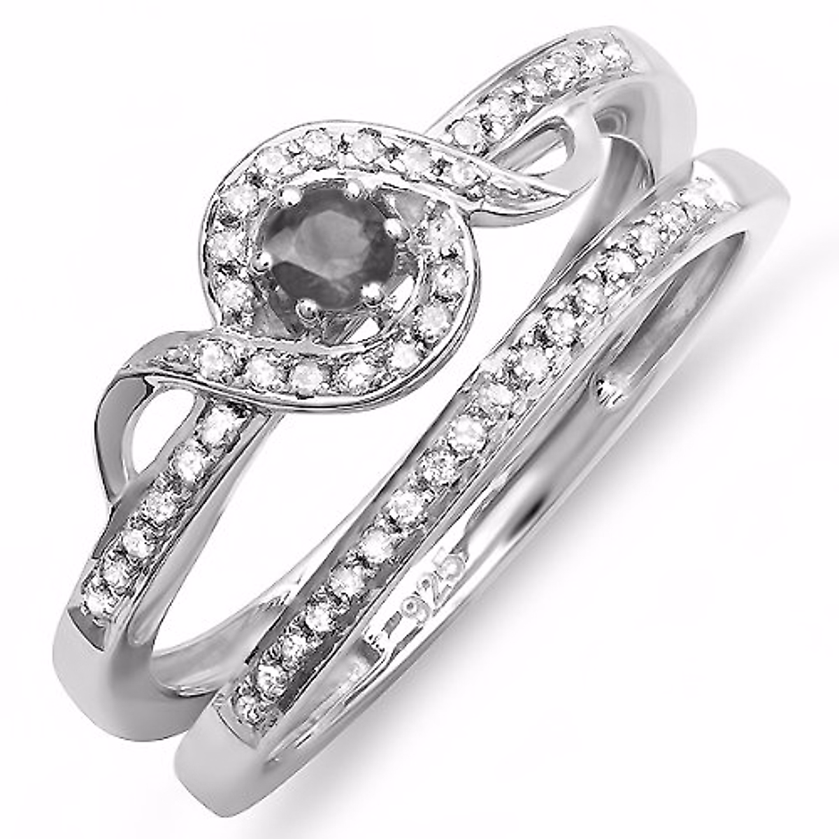 Dazzlingrock Collection 0.25 Carat (ctw) Sterling Silver Round White And Black Diamond Ladies Bridal Promise Ring Set Matching Band 1/4 CT, Size 5.5