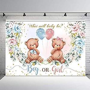 MEHOFOND 7x5ft Bear Gender Reveal Baby Shower Party Backdrop Boy or Girl Blush Pink Blue Floral Photography Background Party Decor Blue and Pink Balloons Gold Confetti Photobooth